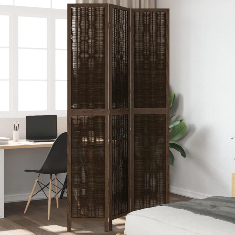 Room Divider 3 Panels Dark Brown Solid Wood Paulownia - Kuiwee.com
